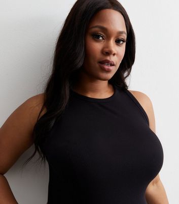 Curves Black Ribbed Racer Bodycon Midi Dress | New Look