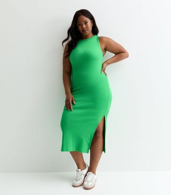 Curves Green Ribbed Racer Bodycon Midi Dress | New Look