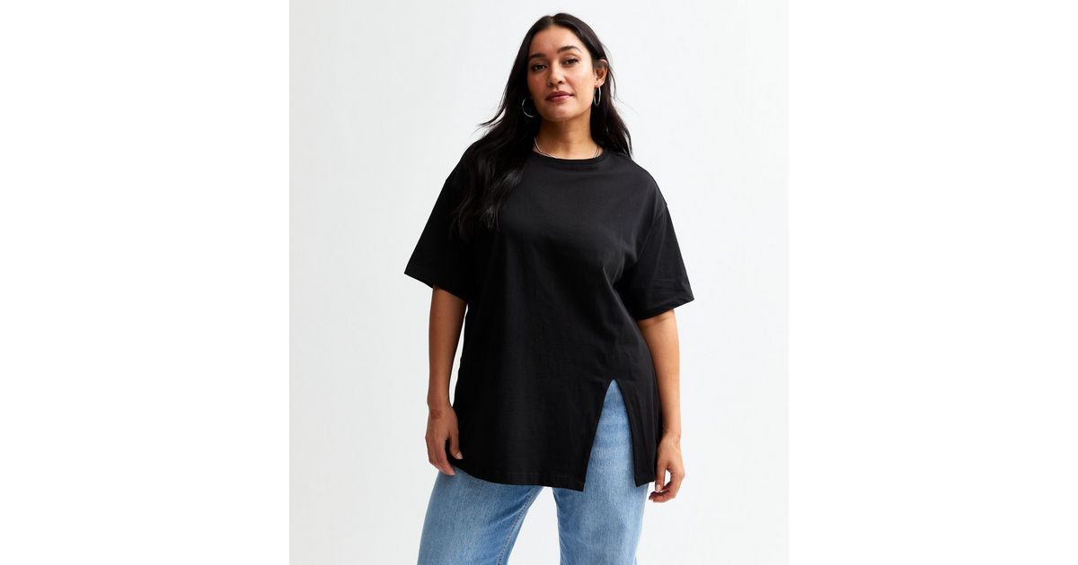 Curves Black Cotton Split Hem T-Shirt | New Look