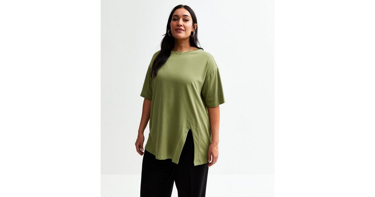 Curves Khaki Cotton Split Hem T-Shirt | New Look