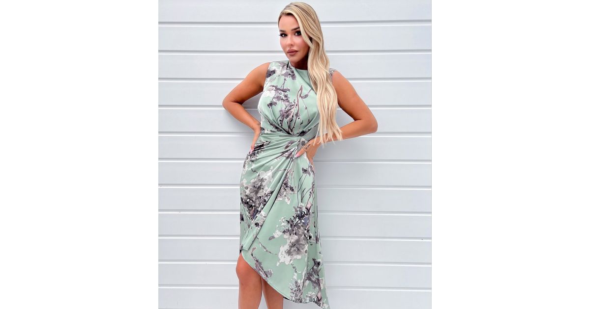 AX Paris Mint Green Floral Ruched Midi Dress | New Look