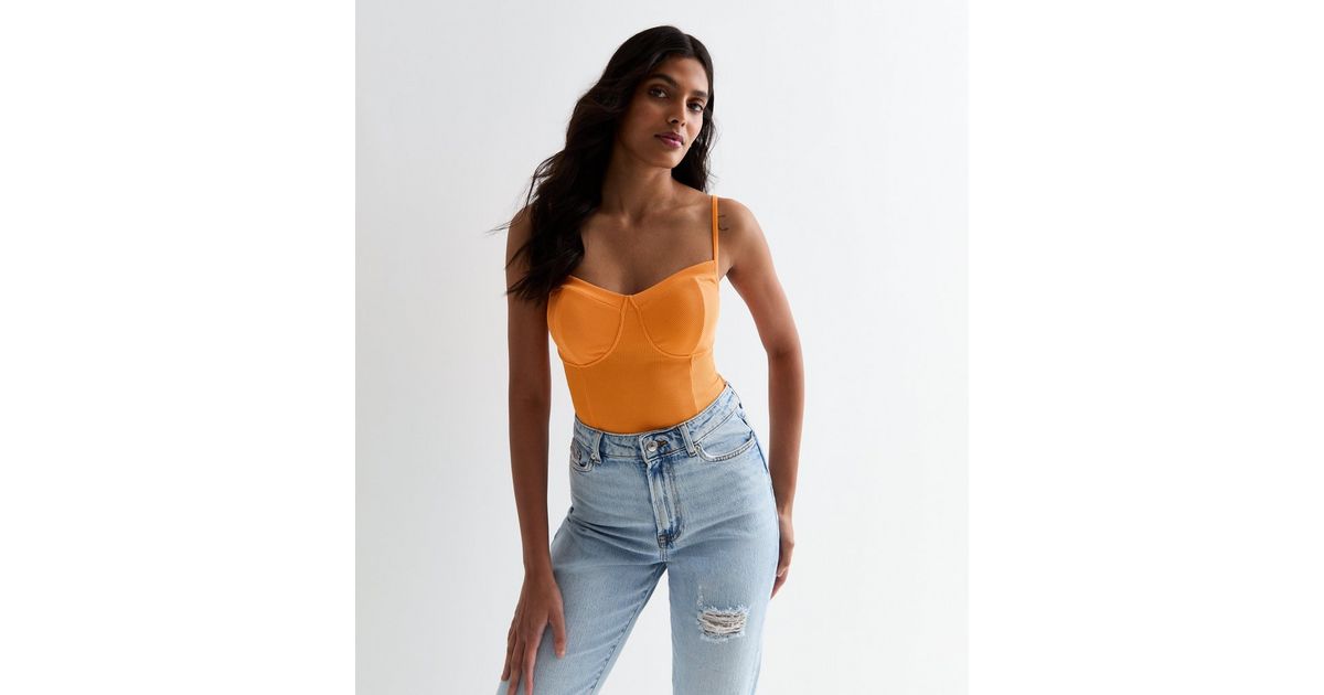 Bright Orange Ribbed Bustier Bodysuit | New Look