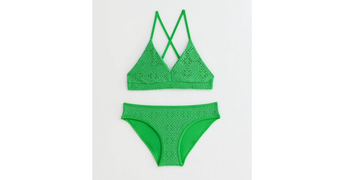 Girls Green Crochet Triangle Bikini Set New Look