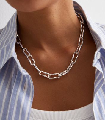 Silver Irregular Rectangle Link Chain Necklace | New Look