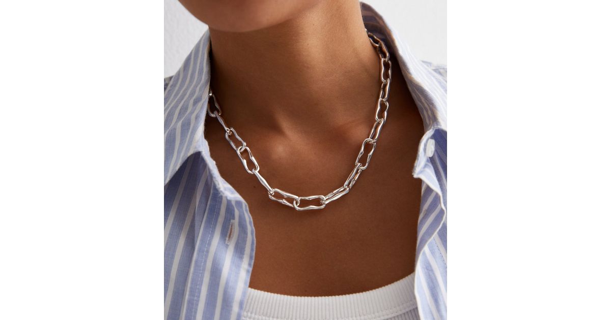 Silver Irregular Rectangle Link Chain Necklace | New Look