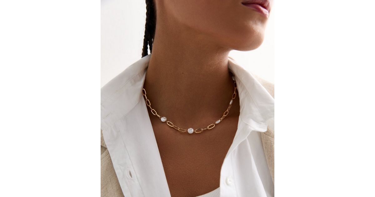Gold Faux Pearl Link Chain Necklace | New Look