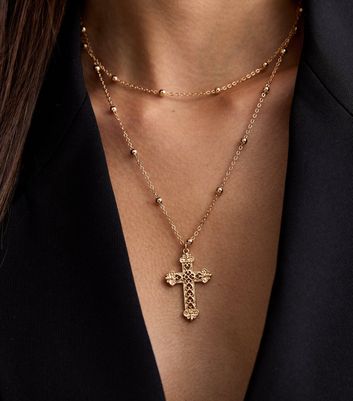 Gold Tone Double Chain Cross Necklace | New Look