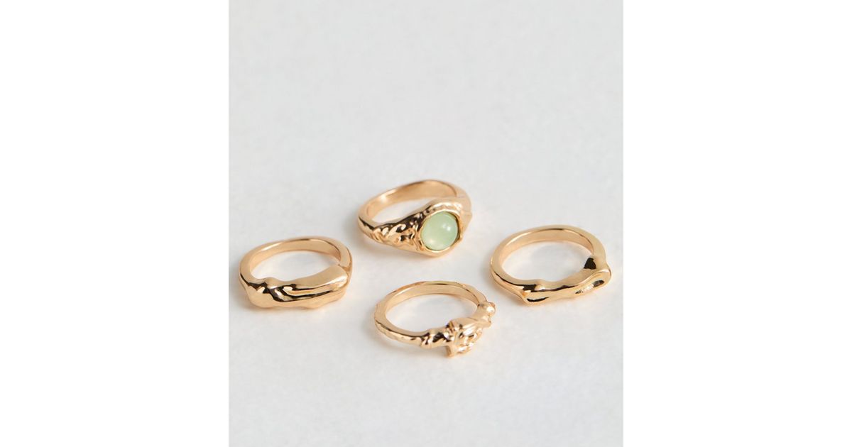 4 Pack Gold Beaten Rings | New Look