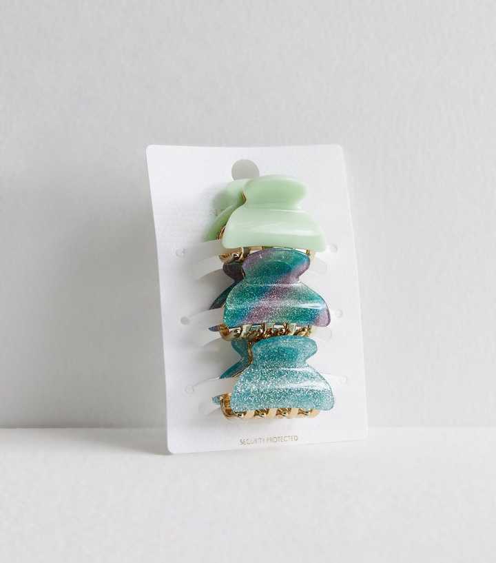3 Pack Glitter Resin Hair Claw Clips | New Look