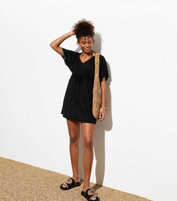 Black V Neck Drawstring Waist Mini Beach Dress | New Look