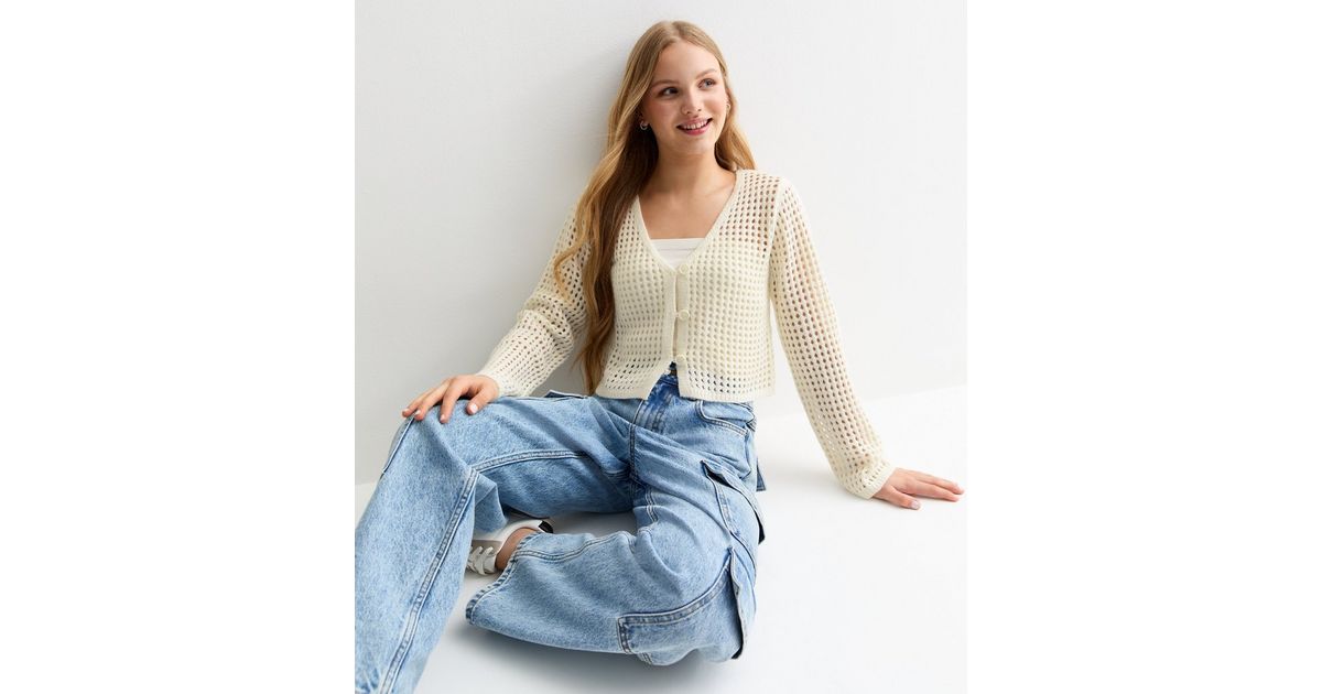 Girls Cream Stitch Knit Crop Cardigan | New Look