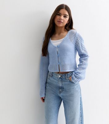 Girls Pale Blue Stitch Knit Crop Cardigan | New Look