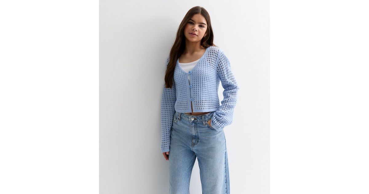 Girls Pale Blue Stitch Knit Crop Cardigan | New Look
