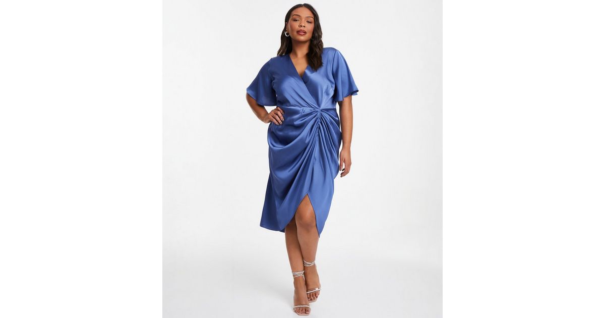 QUIZ Curves Blue Satin Ruched Wrap Midi Dress | New Look