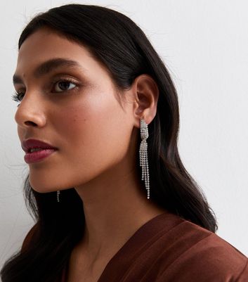 Silver Diamante Twist Tassel Earrings New Look