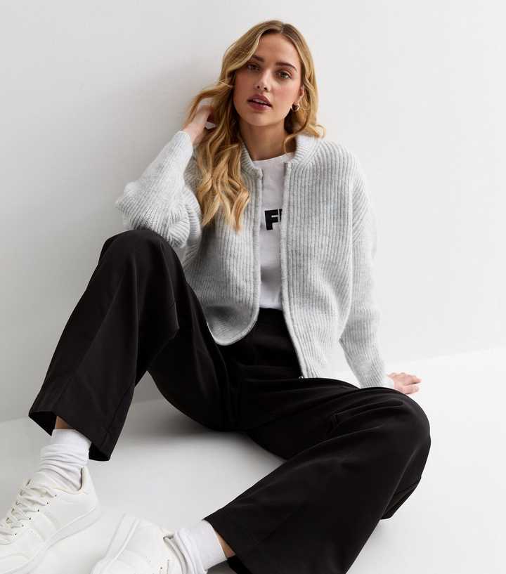 Pale Grey Ribbed Knit Bomber Cardigan | New Look