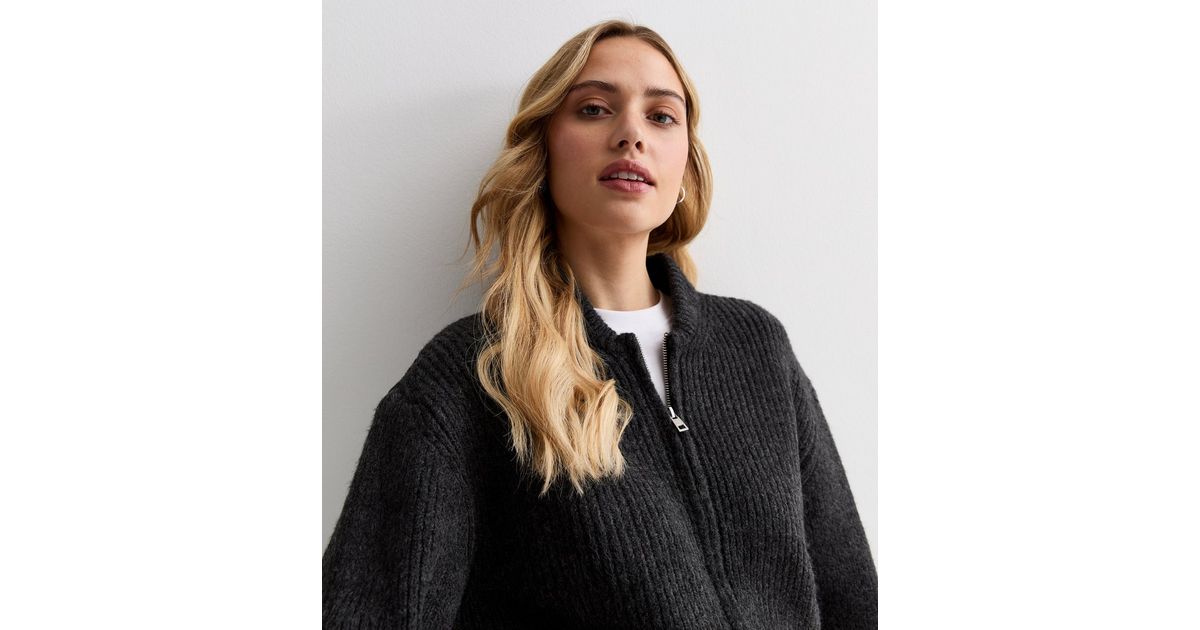 Dark Grey Ribbed Knit Bomber Cardigan | New Look