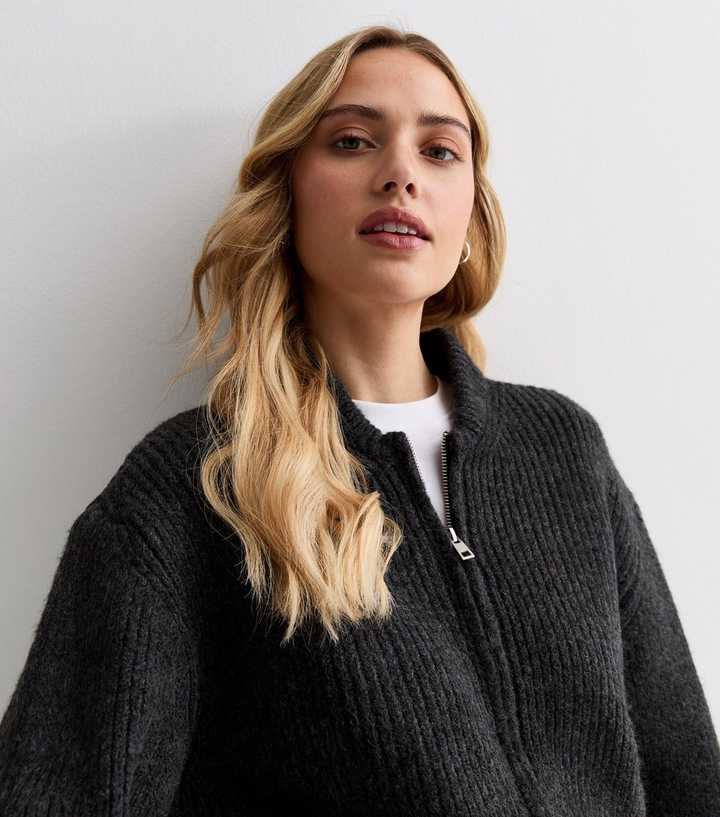 Dark Grey Ribbed Knit Bomber Cardigan | New Look