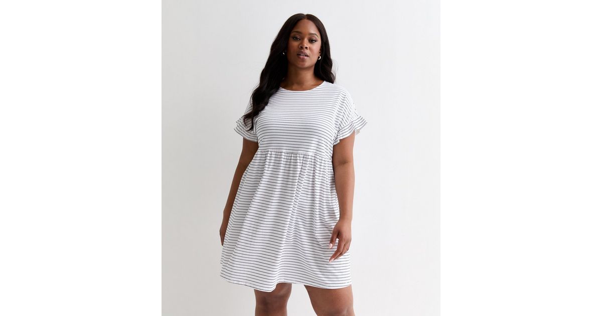 Curves White Stripe Mini Smock Dress | New Look