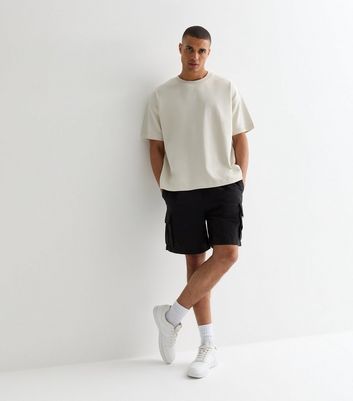 Black Drawstring Tech Relaxed Fit Cargo Shorts | New Look