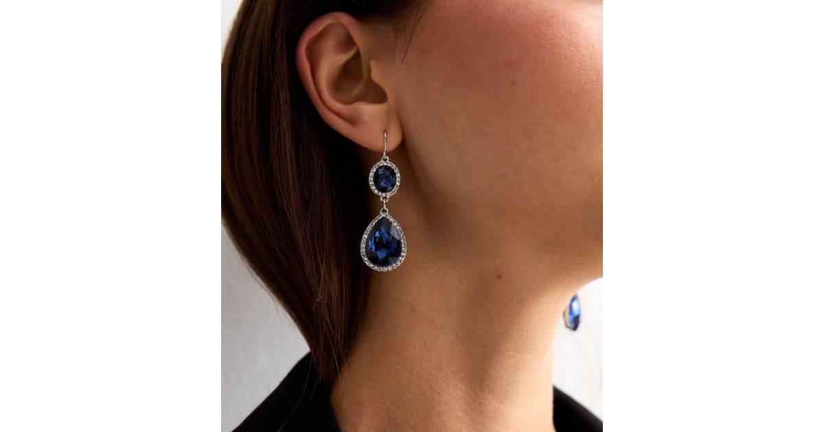 Silver Tone Blue Stone Oval Drop Earrings | New Look