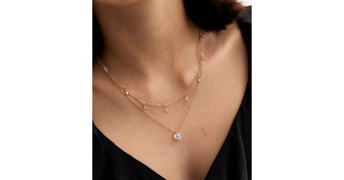 Gold Tone Double Chain Cubic Zirconia Charm Necklace | New Look