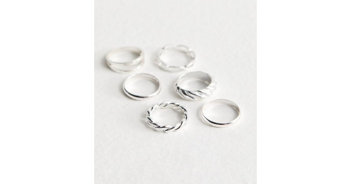 6 Pack Silver Chain Twist Rings | New Look