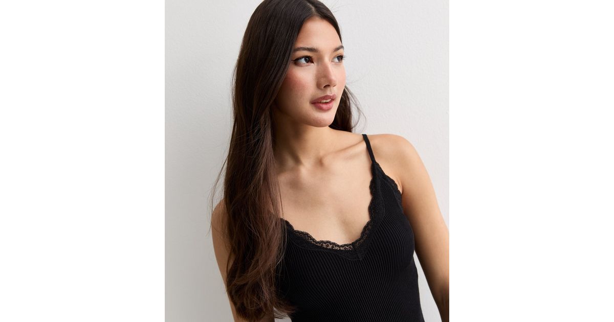 Black Ribbed Jersey Lace Trim Crop Cami New Look