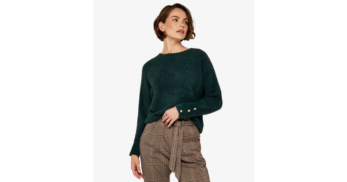 Apricot Dark Green Fluffy Ribbed Knit Button Cuff Jumper | New Look
