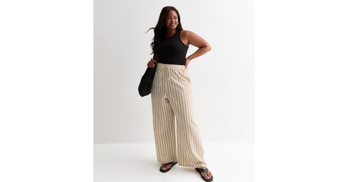Curves Black Cotton Linen Stripe Print Wide Leg Trousers | New Look