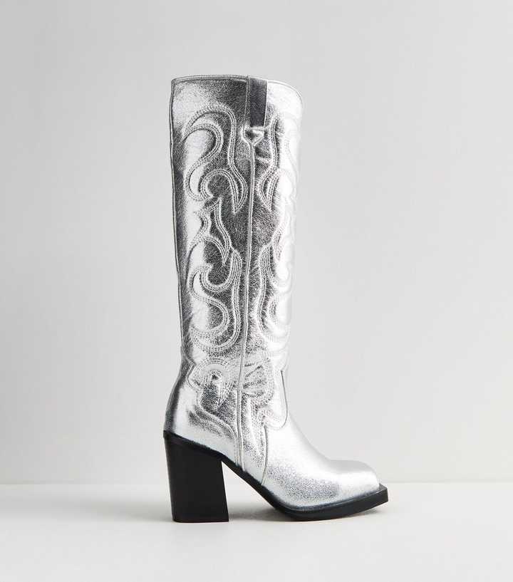 Public Desire Silver Block Heel Cowboy Boots | New Look
