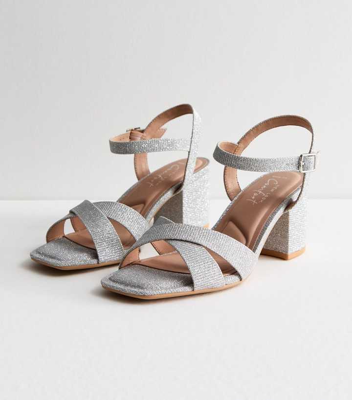 Wide Fit Silver Glitter Block Heel Sandals | New Look