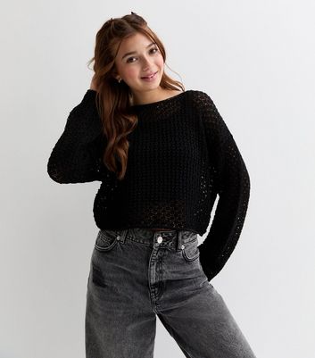 Girls Black Open Knit Jumper | New Look