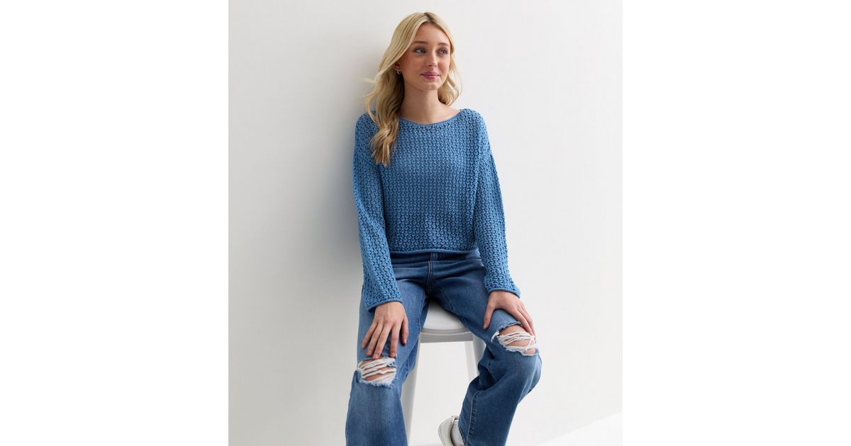 Girls Bright Blue Open Knit Jumper | New Look