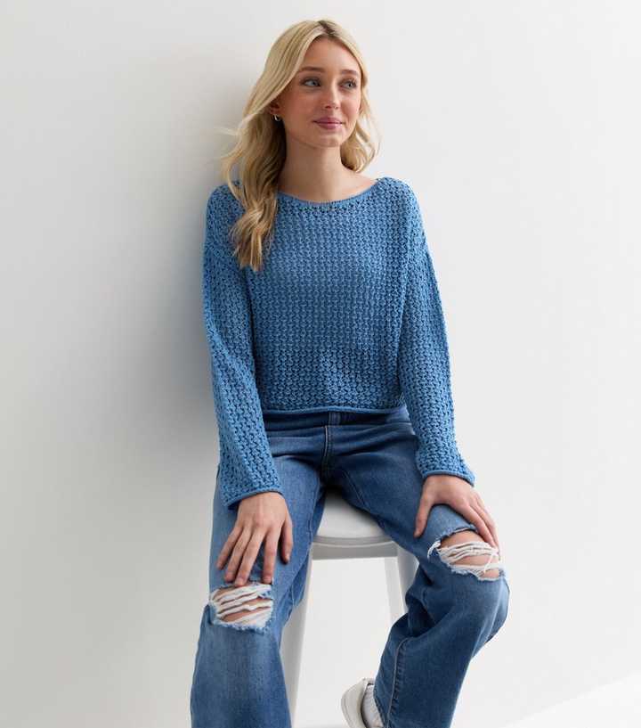 Girls Bright Blue Open Knit Jumper | New Look