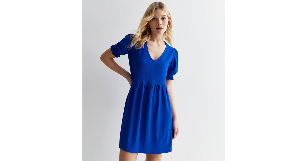 Blue Crinkle Puff Sleeve Smock Mini Dress | New Look