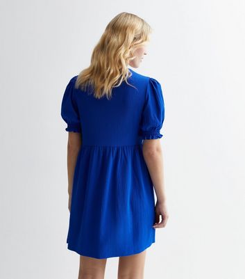 Blue Crinkle Puff Sleeve Smock Mini Dress | New Look