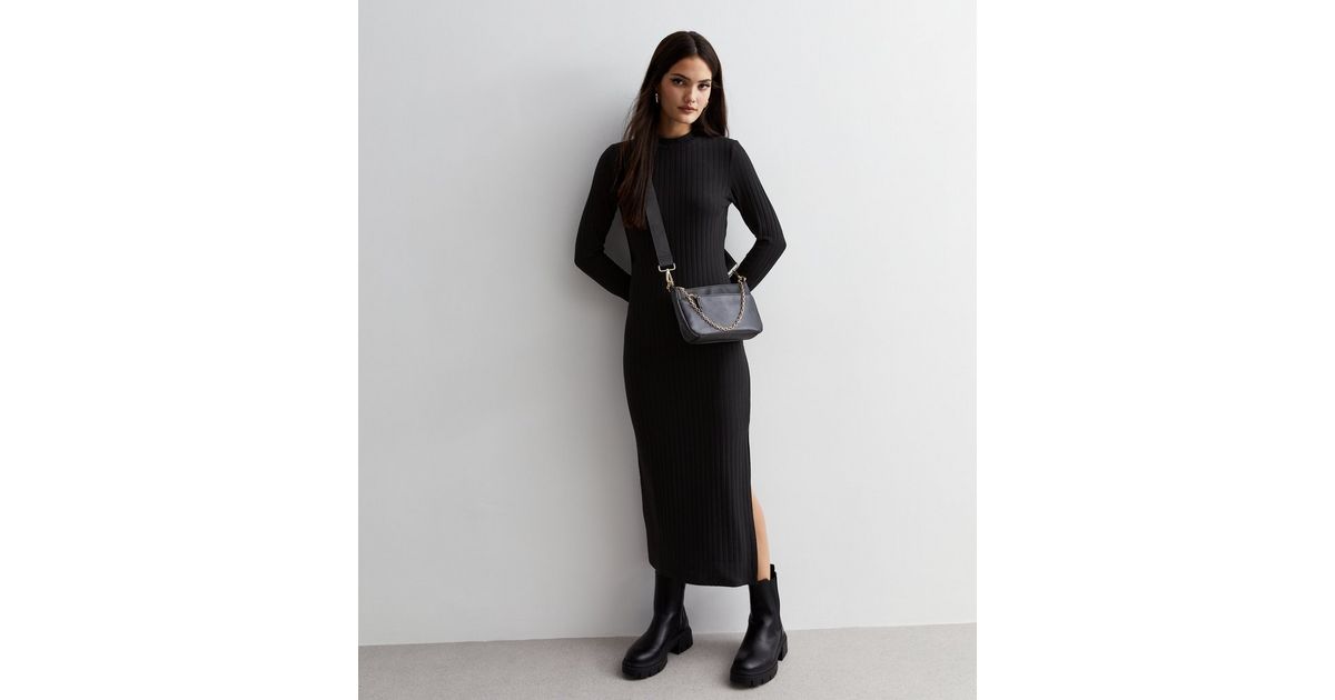Black Ribbed High Neck Midi Dress | New Look