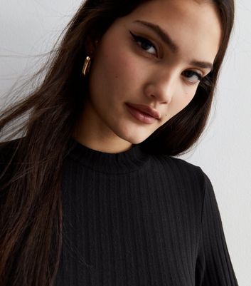 Black Ribbed High Neck Midi Dress | New Look