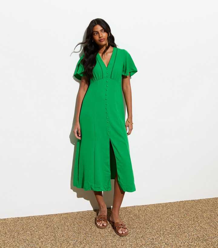 Green Lace Trim Button Front Midi Dress | New Look