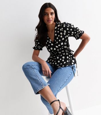 Black Satin Abstract Spot Print Wrap Top | New Look