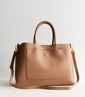 Camel Leather Look Laptop Tote Bag New Look