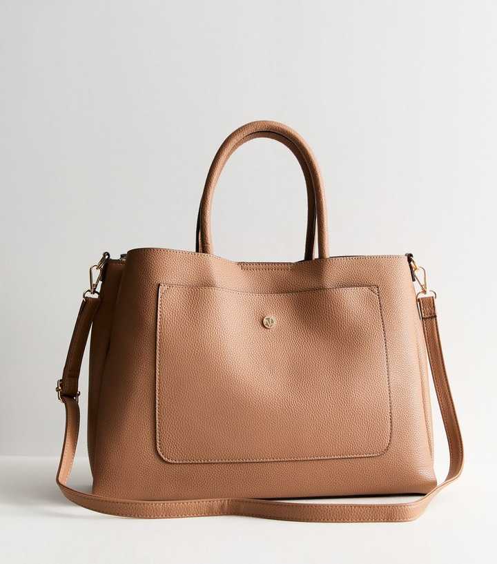 Camel Leather-Look Laptop Tote Bag | New Look