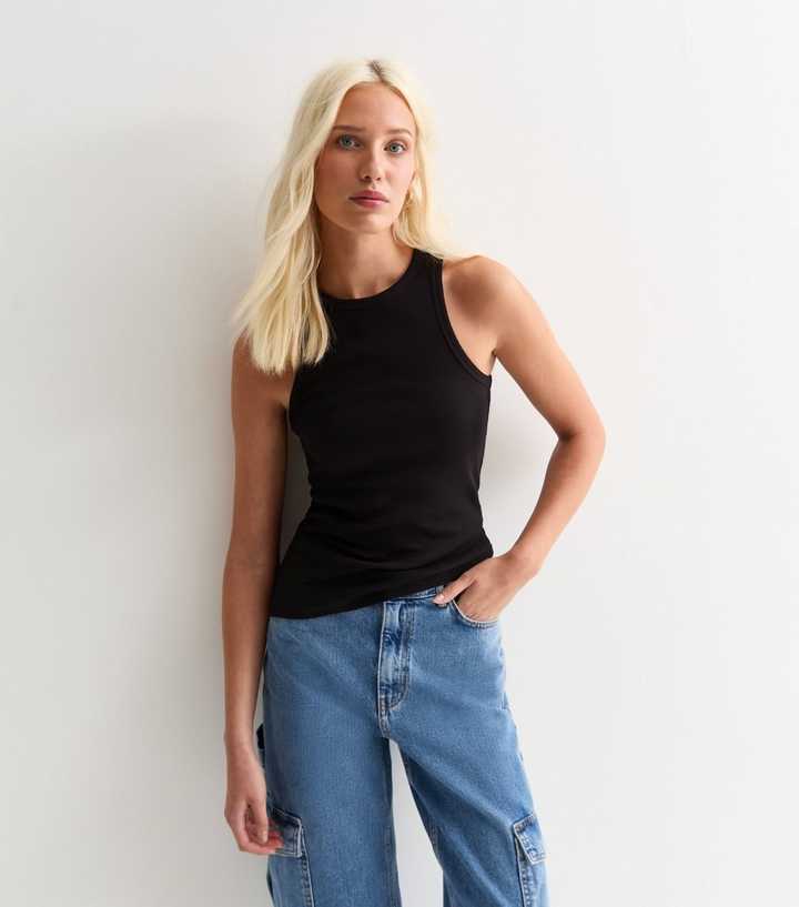 Tall Black Ribbed Racer Vest | New Look