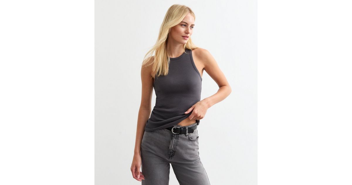 Tall Grey Ribbed Racer Vest | New Look