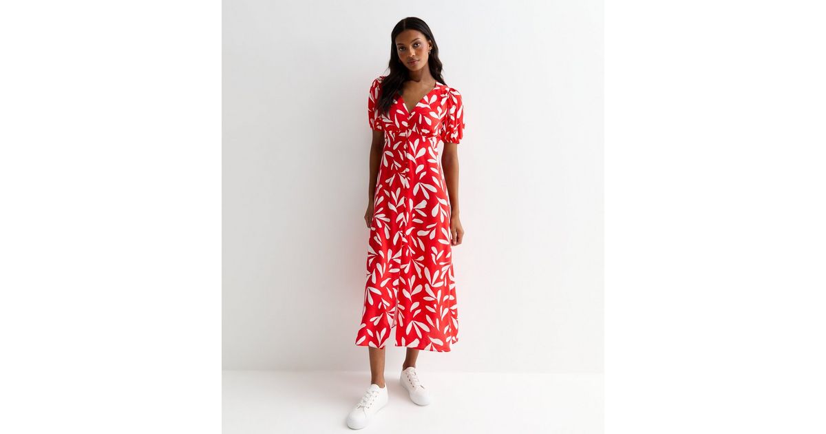Red Buttoned Leaf Print Midi Dress | New Look