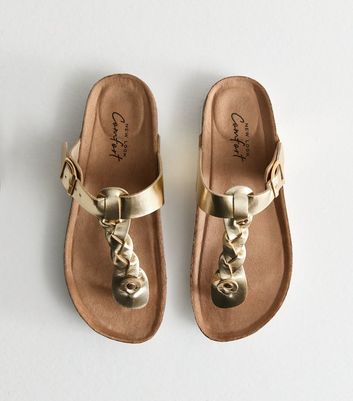 Gold Plait Toe Post Leather-Look Sandals | New Look