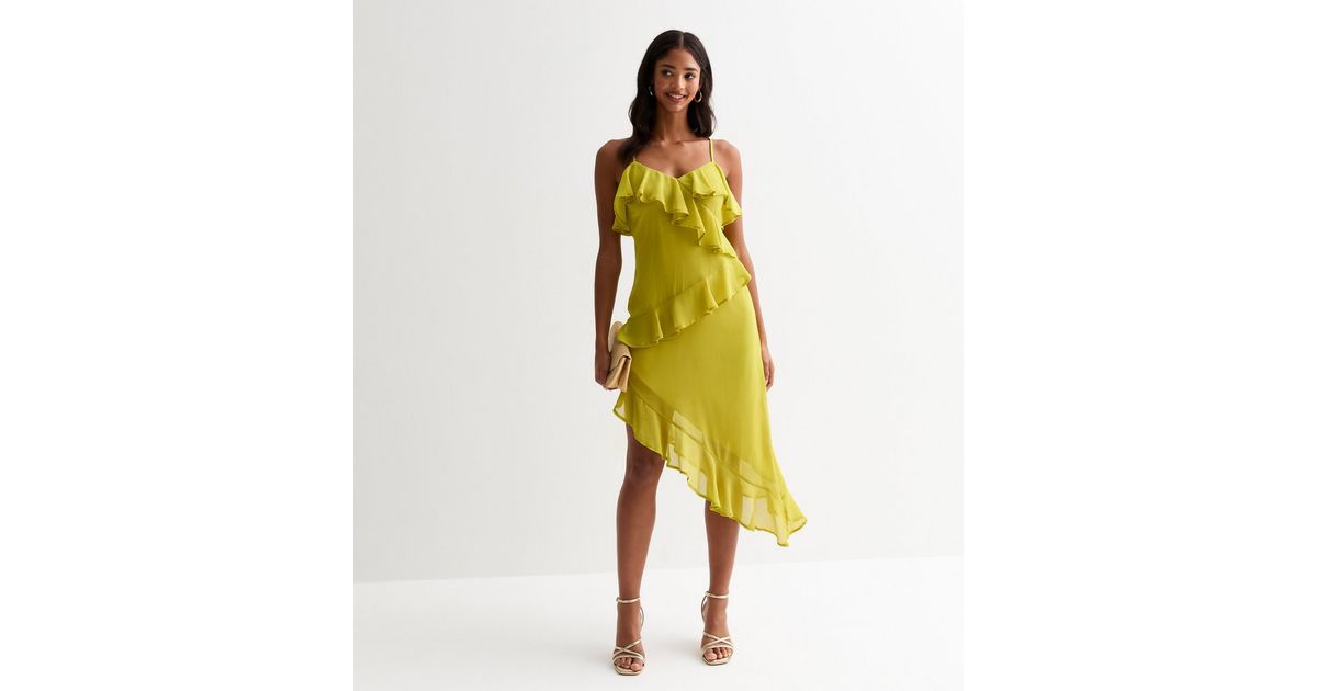 Bright Green Ruffle-Trim Asymmetric Strappy Dress | New Look