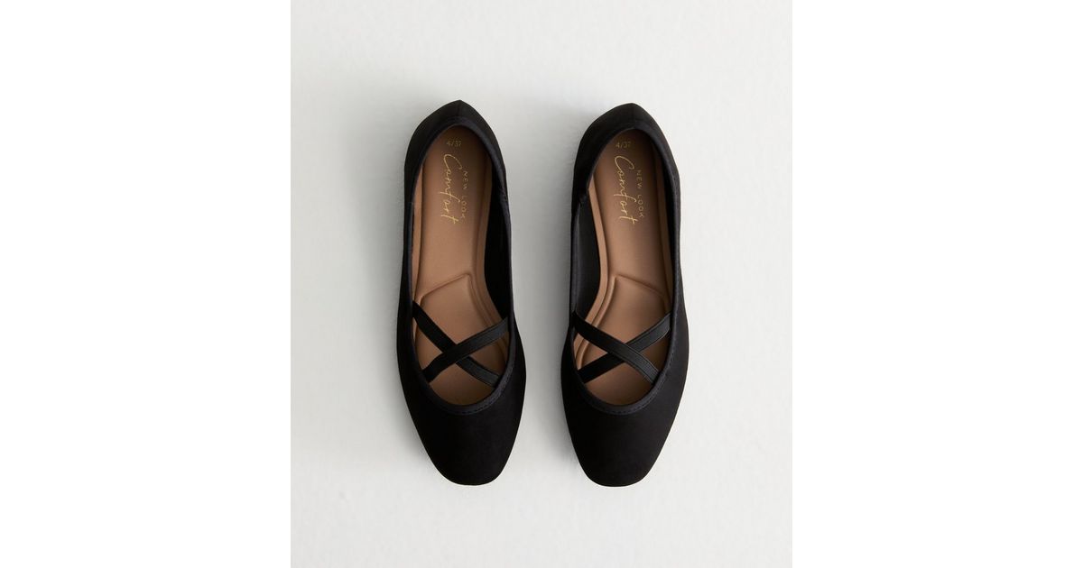 Black Suedette Elasticated Crossover-Strap Ballet Flats | New Look