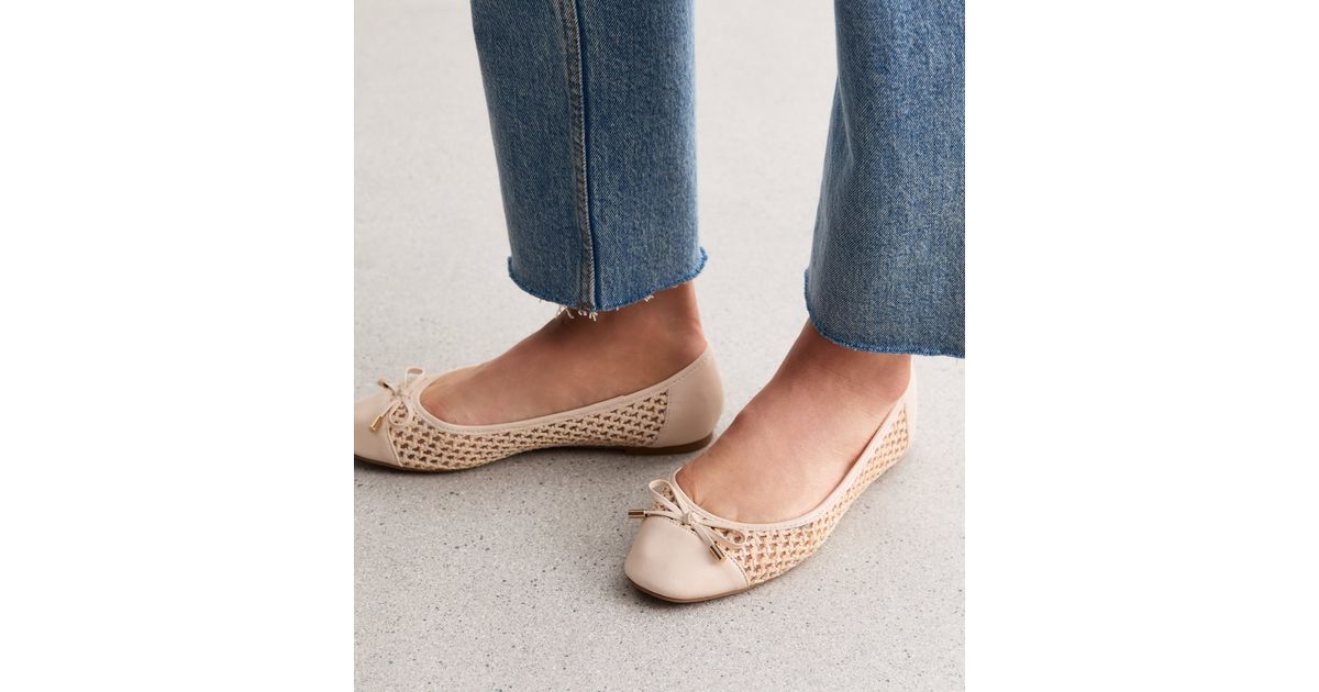 Off White Leather-Look Woven Ballet Flats | New Look